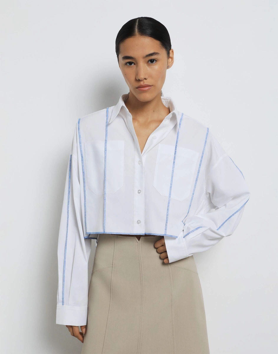 Белая укороченная рубашка с контрастными швами GWT004080-2 купить по ...