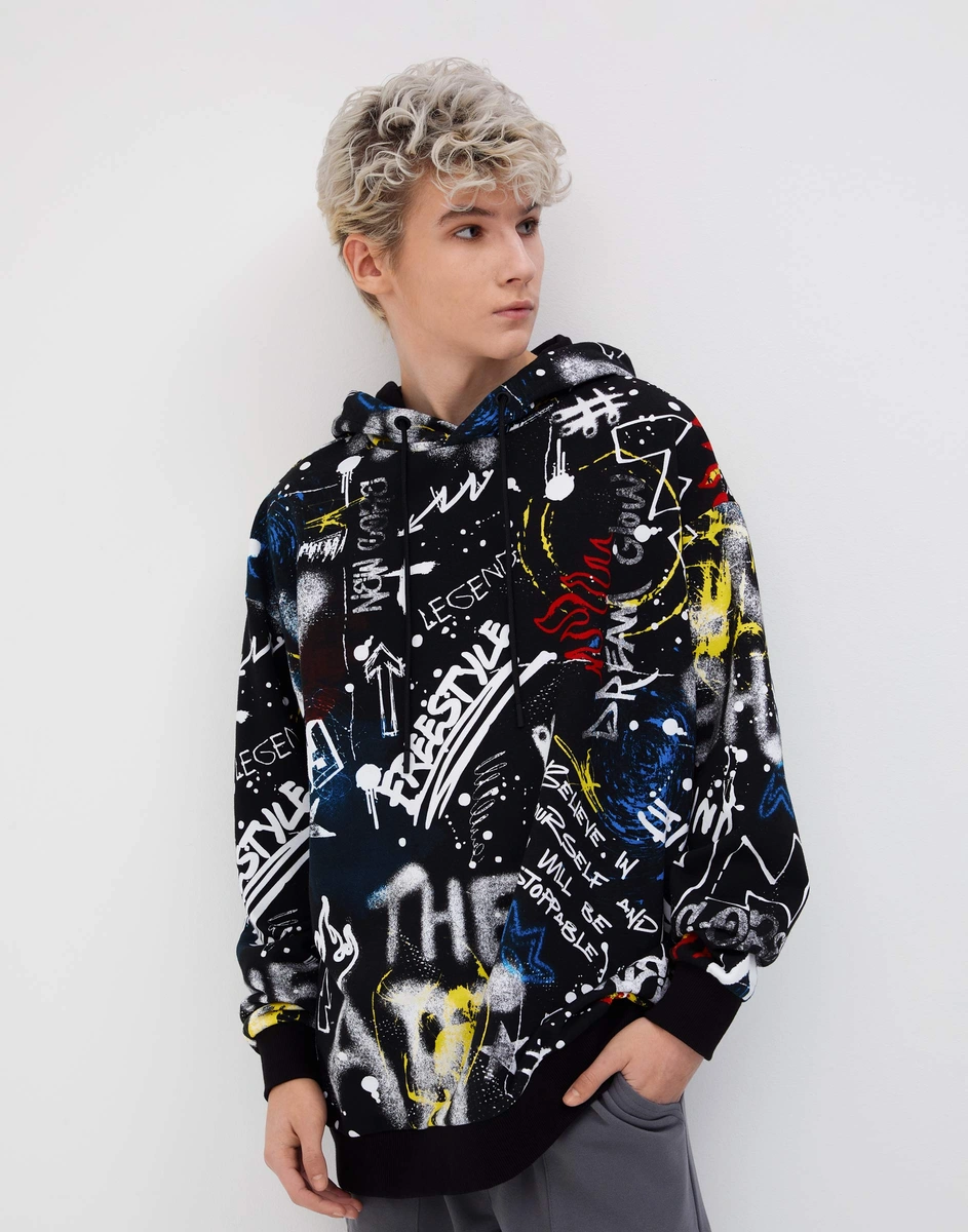 Чёрное худи oversize с тотальным принтом BAC013915-2 размер 152