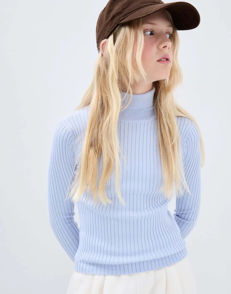 Голубая водолазка в рубчик с воротником гольф GSW008121-2 купить по ...