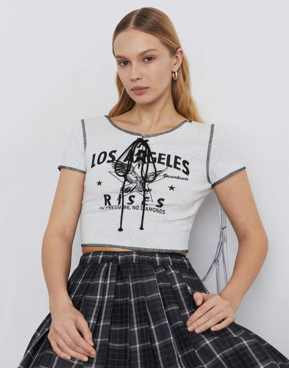 Серый кроп-топ с принтом и шнуровкой GKT023659-4 купить по цене от 399 ...