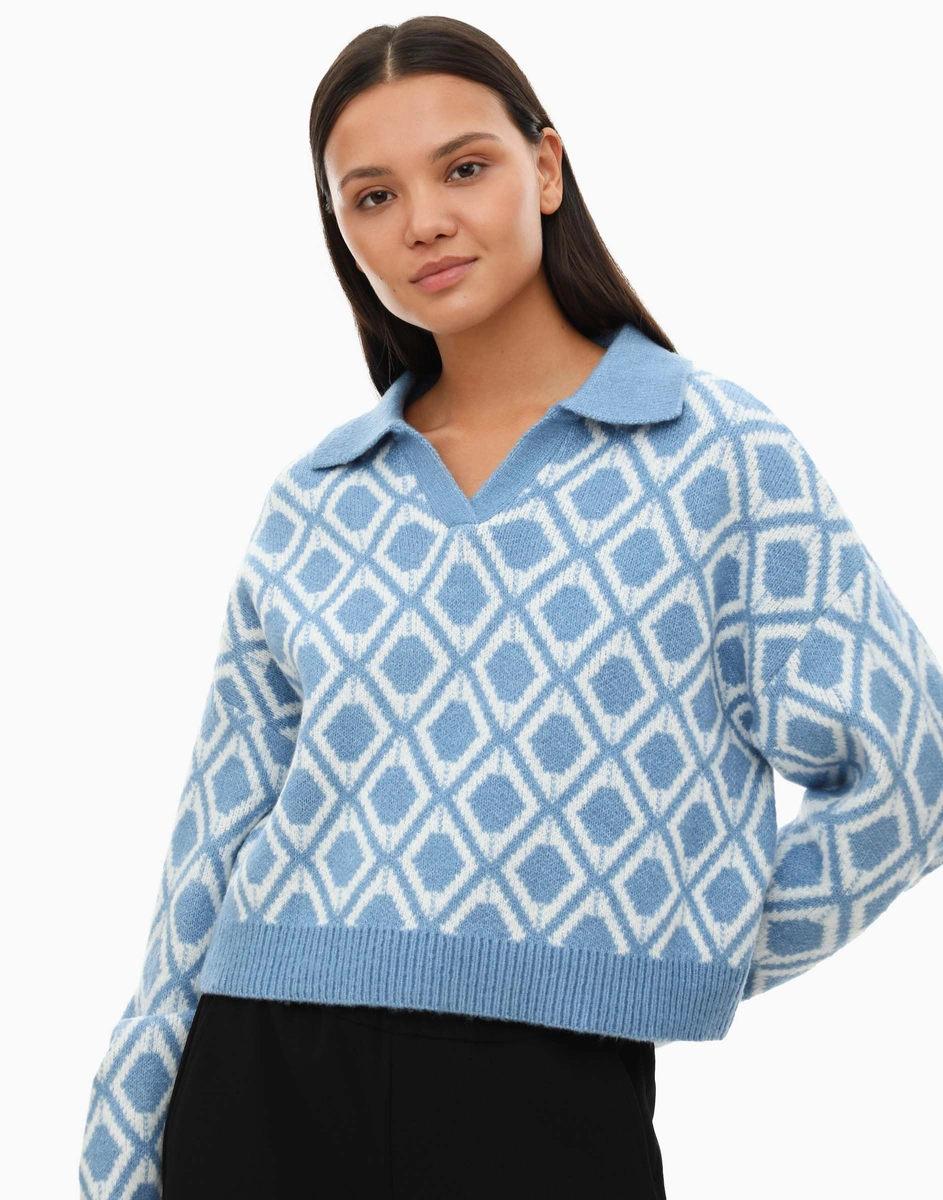 Синий джемпер с поло-воротником и узорами GSW006051-2 купить по цене от ...