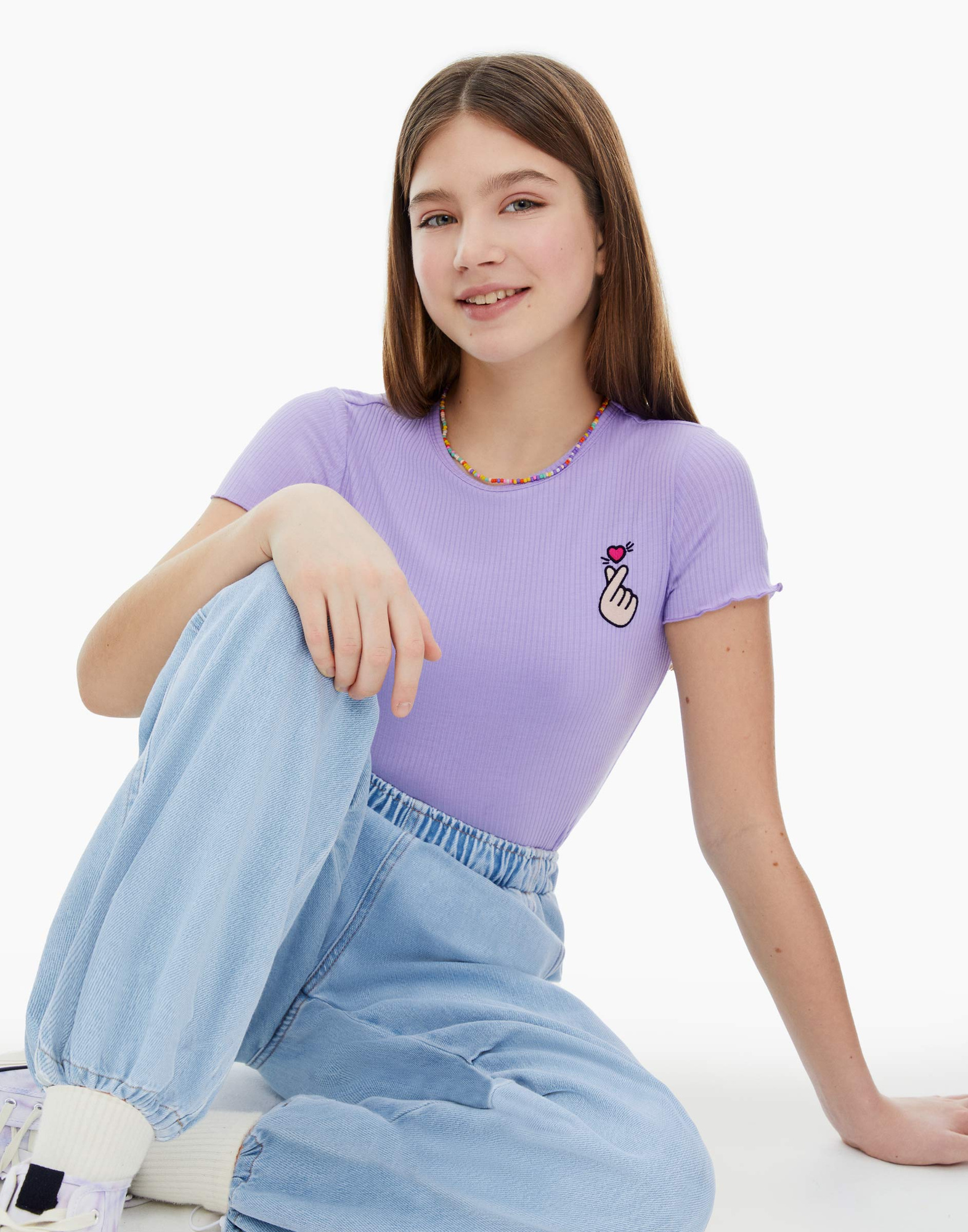Сиреневая футболка Fitted в рубчик с эмоджи для девочки GKT018850-6 ...