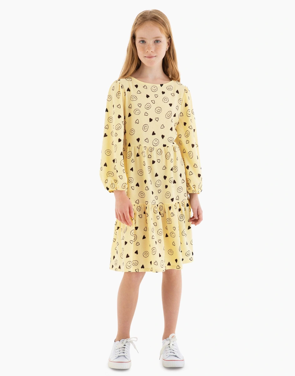 Желтое ярусное платье с принтом для девочки GDR025107-1 купить по цене ...
